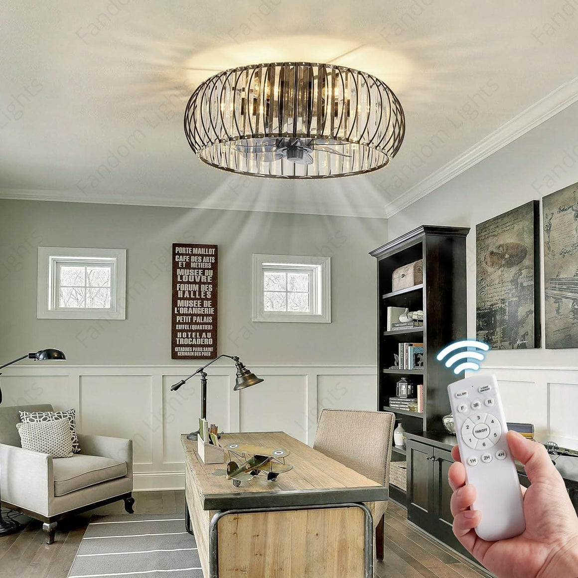 500MM Black Crystal Low Ceiling Light with Fan LED Chandelier - Warm White