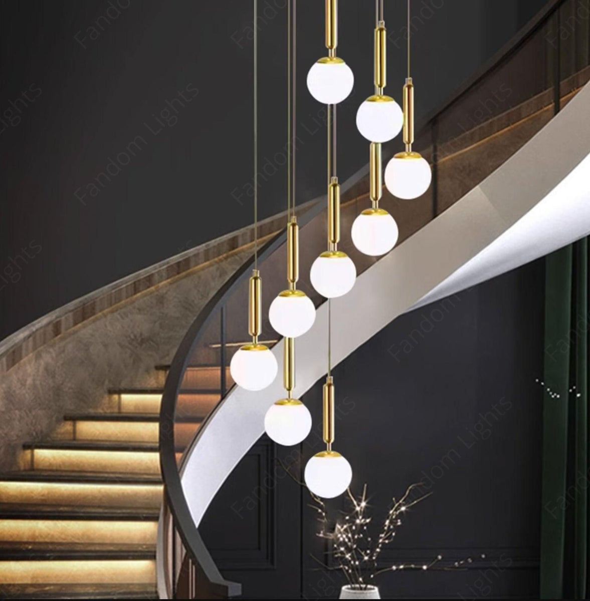 10 LIGHT LED Frosted Glass DOUBLE HEIGHT STAIR CHANDELIER - WARM WHITE ...